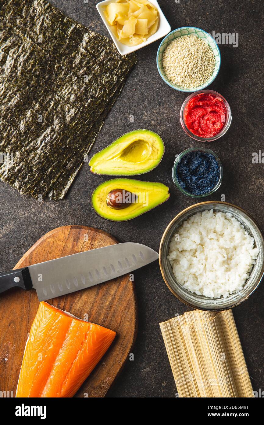 Ingredients for the preparation of sushi rolls. Production of fresh ...