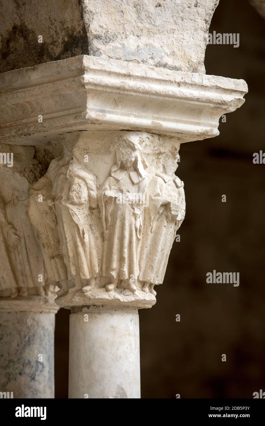 Romanesque capitals of the columns in the cloisters of the Abbey of ...