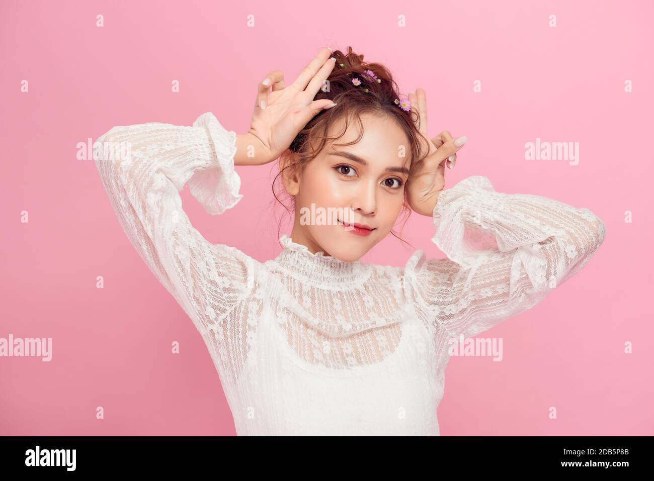 Asian happy portrait beautiful cute young woman teen stand surprised ...