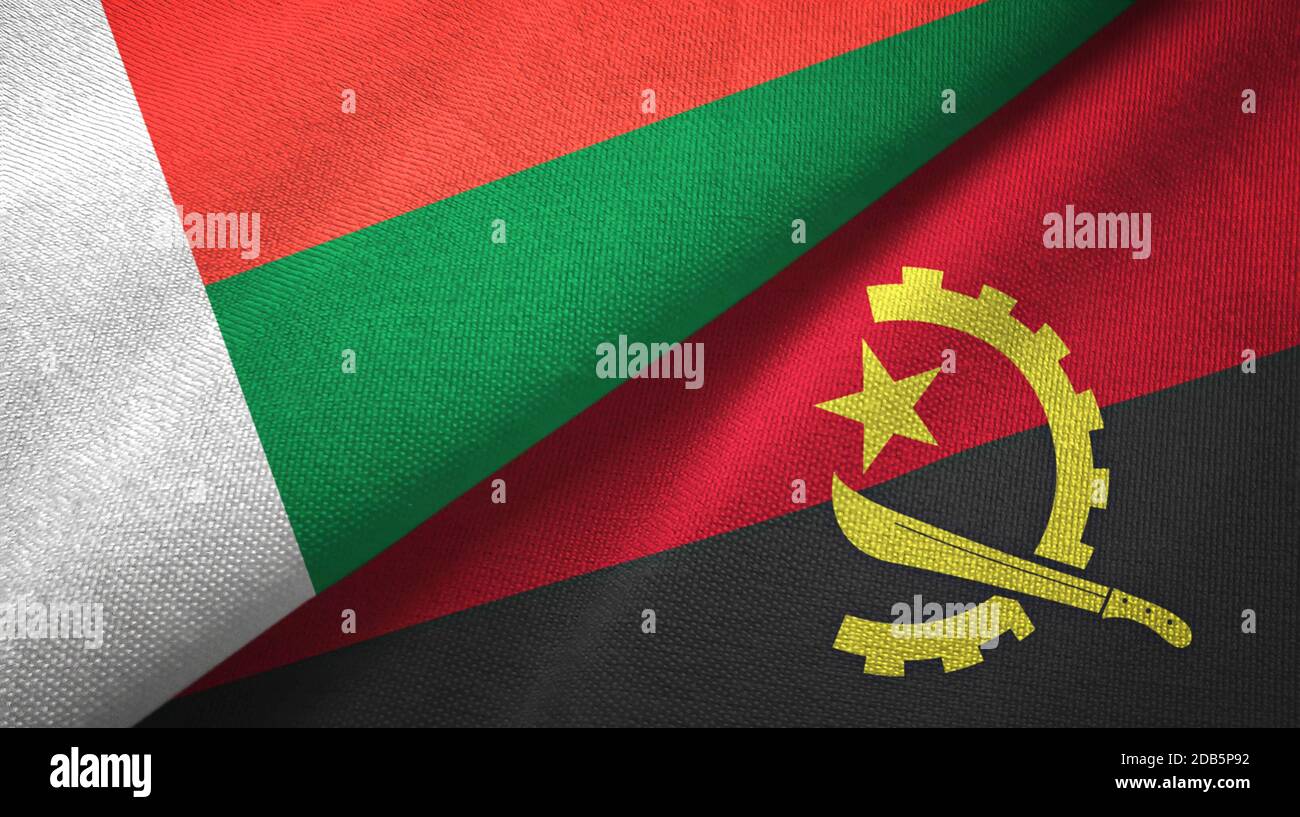 Madagascar and Angola two flags textile cloth, fabric texture Stock ...