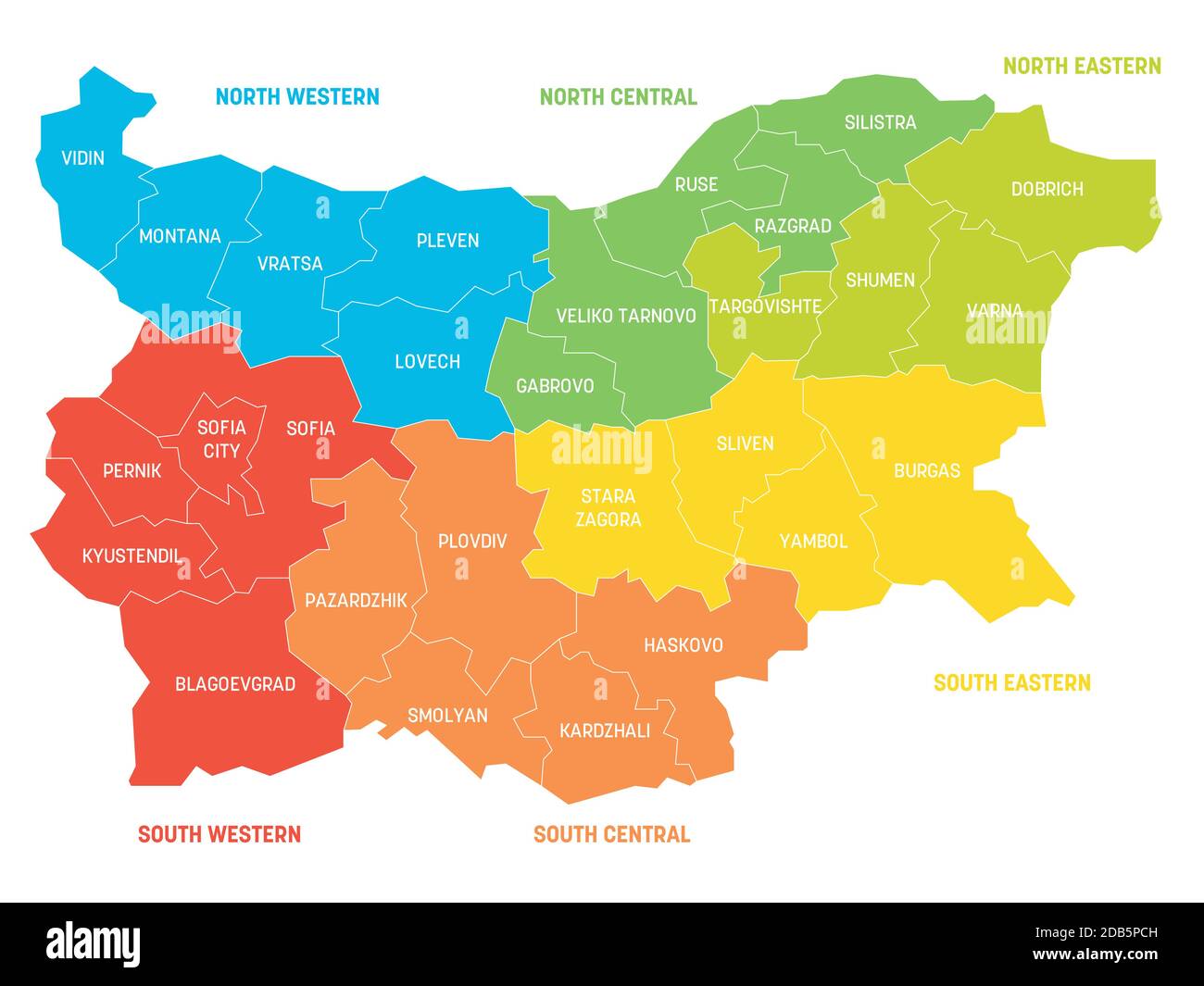 Colorful political map of Bulgaria. Administrative divisions - provinces - divided by color into ...