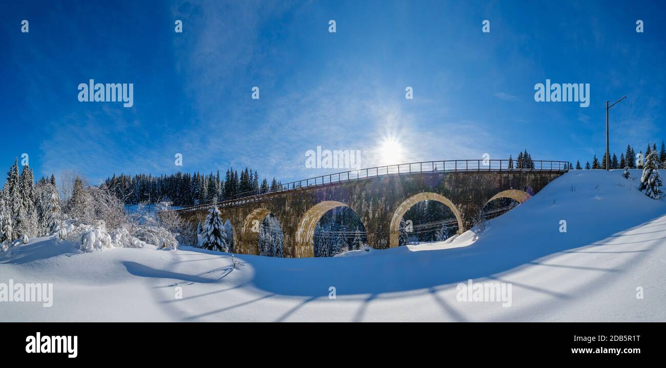 Stone viaduct (arch bridge) on railway through mountain snowy fir ...