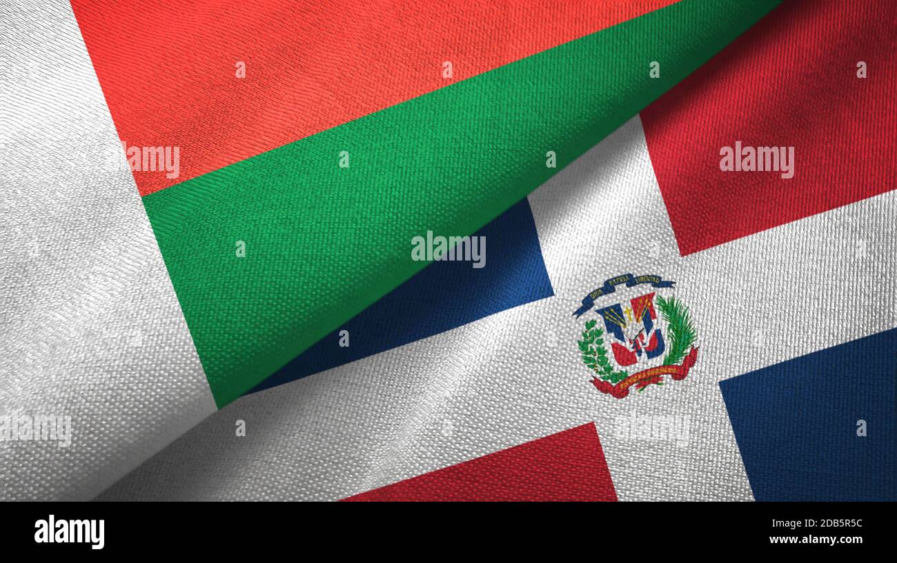 Madagascar and Dominican Republic two flags textile cloth, fabric ...