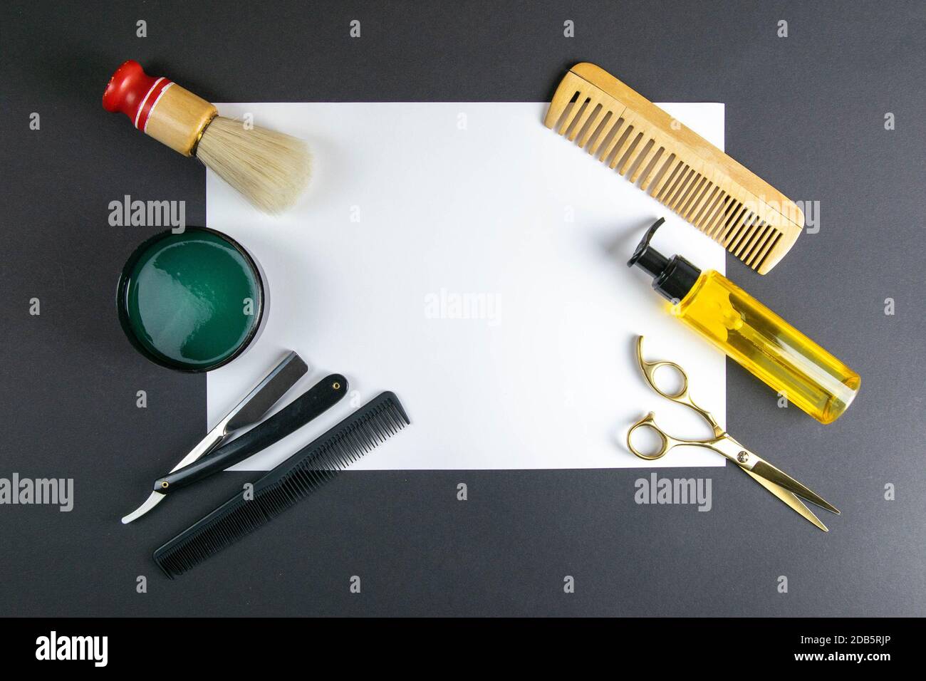 Scissors, hair clipper, combs, dangerous razor, gel for haircuts and ...