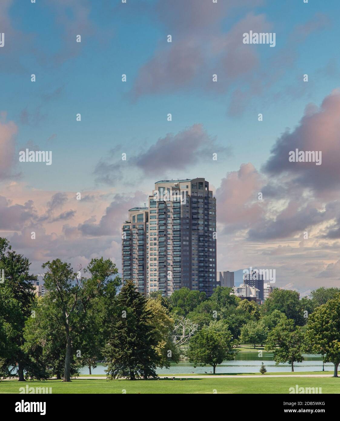 A modern high rise condominium building rising into sky beyond a green ...