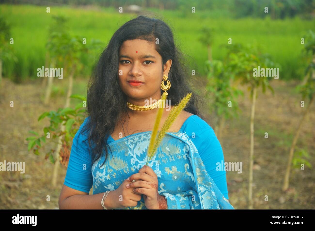 Close up of a teenage Indian Bengali girl wearing blue sari with long ...