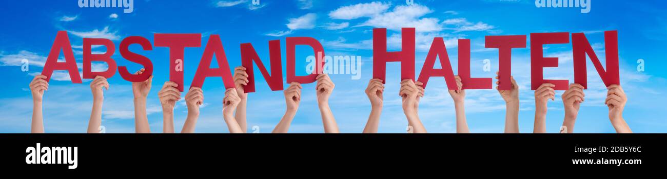 People Hands Holding Colorful English German Abstand Halten Means Keep ...