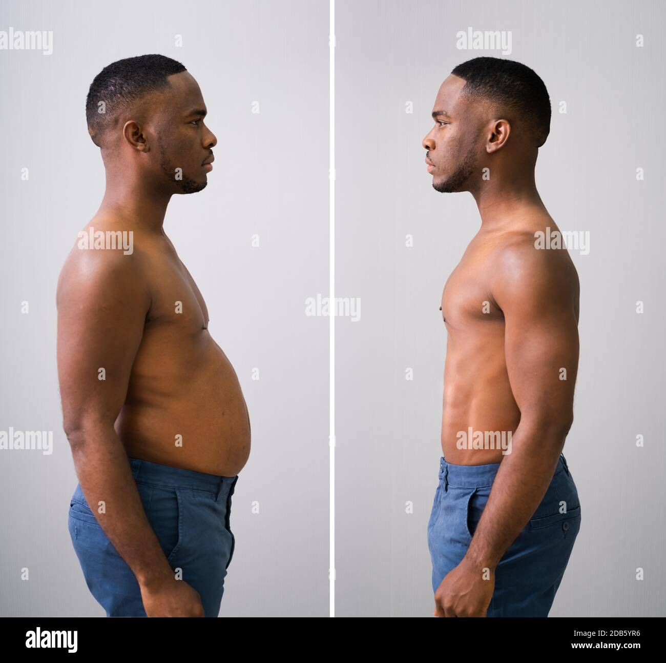 Man Before And After From Fat To Slim Concept Standing Against Grey ...