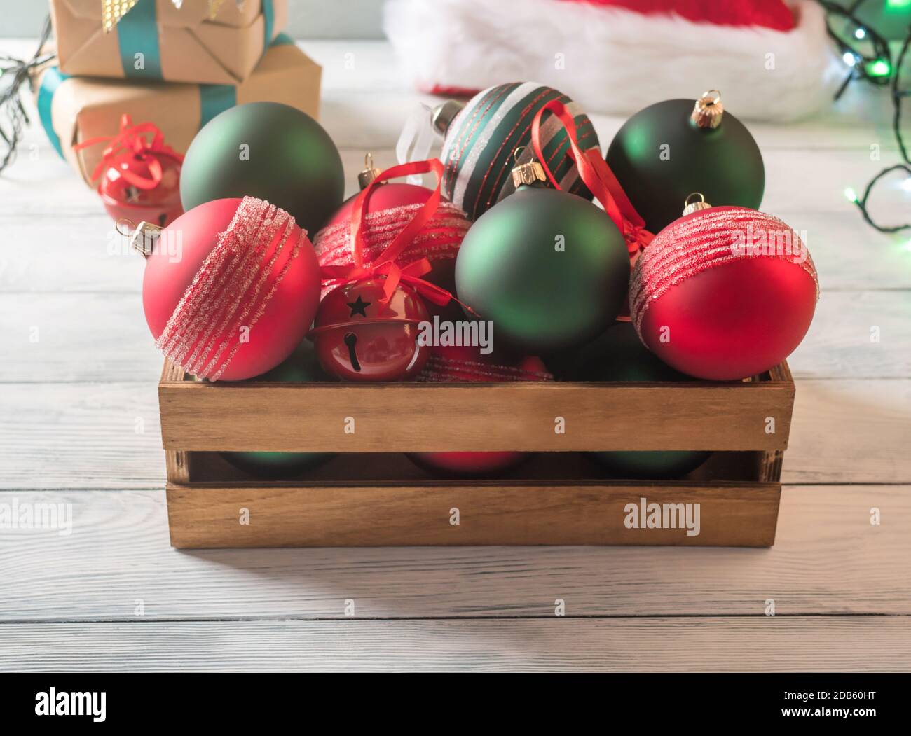 Christmas red and green decor in wooden box Stock Photo - Alamy