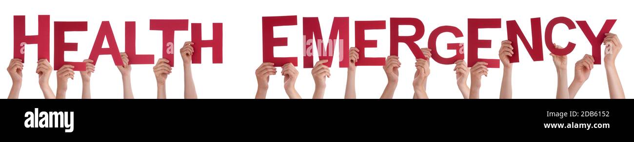People Hands Holding Colorful English Word Health Emergency. White ...