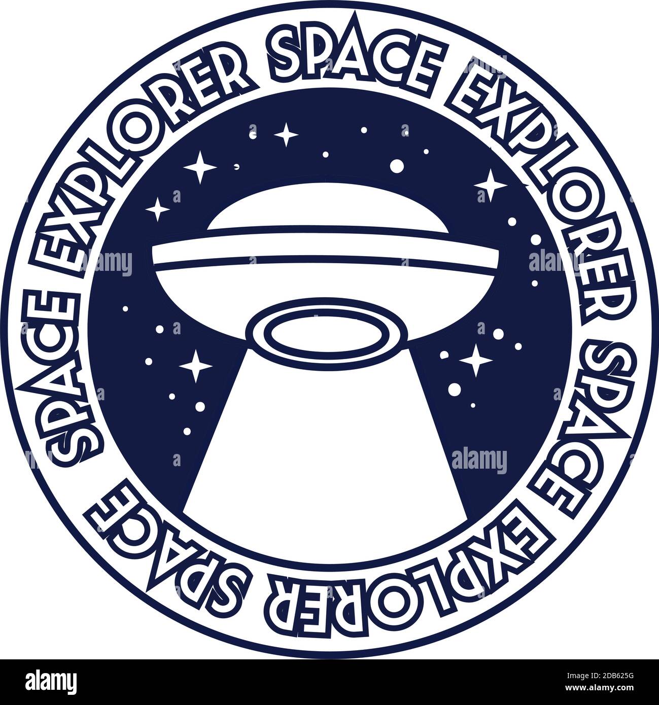 space badge with ufo flying and space explorer lettering line style ...