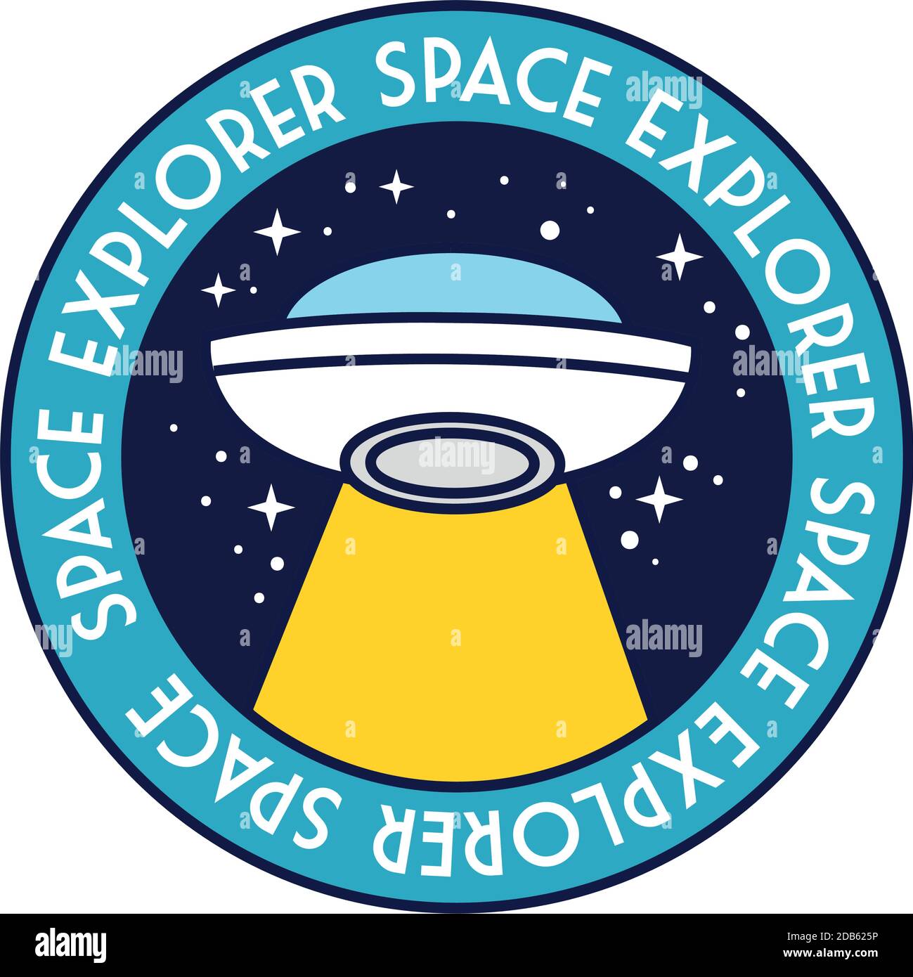 space badge with ufo flying and space explorer lettering line and fill ...