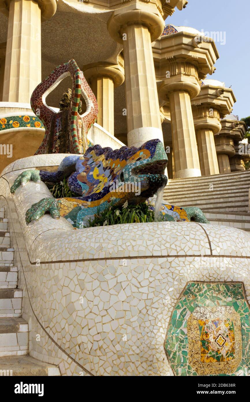 Park Guell mosaic sculpture of a dragon fountain designed by Antonio ...