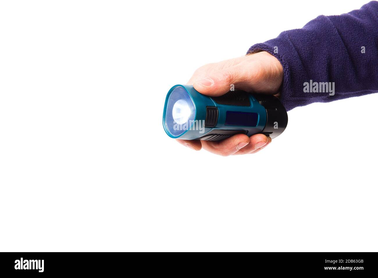 Portable flashlight in a man's hand on a white background Stock Photo ...