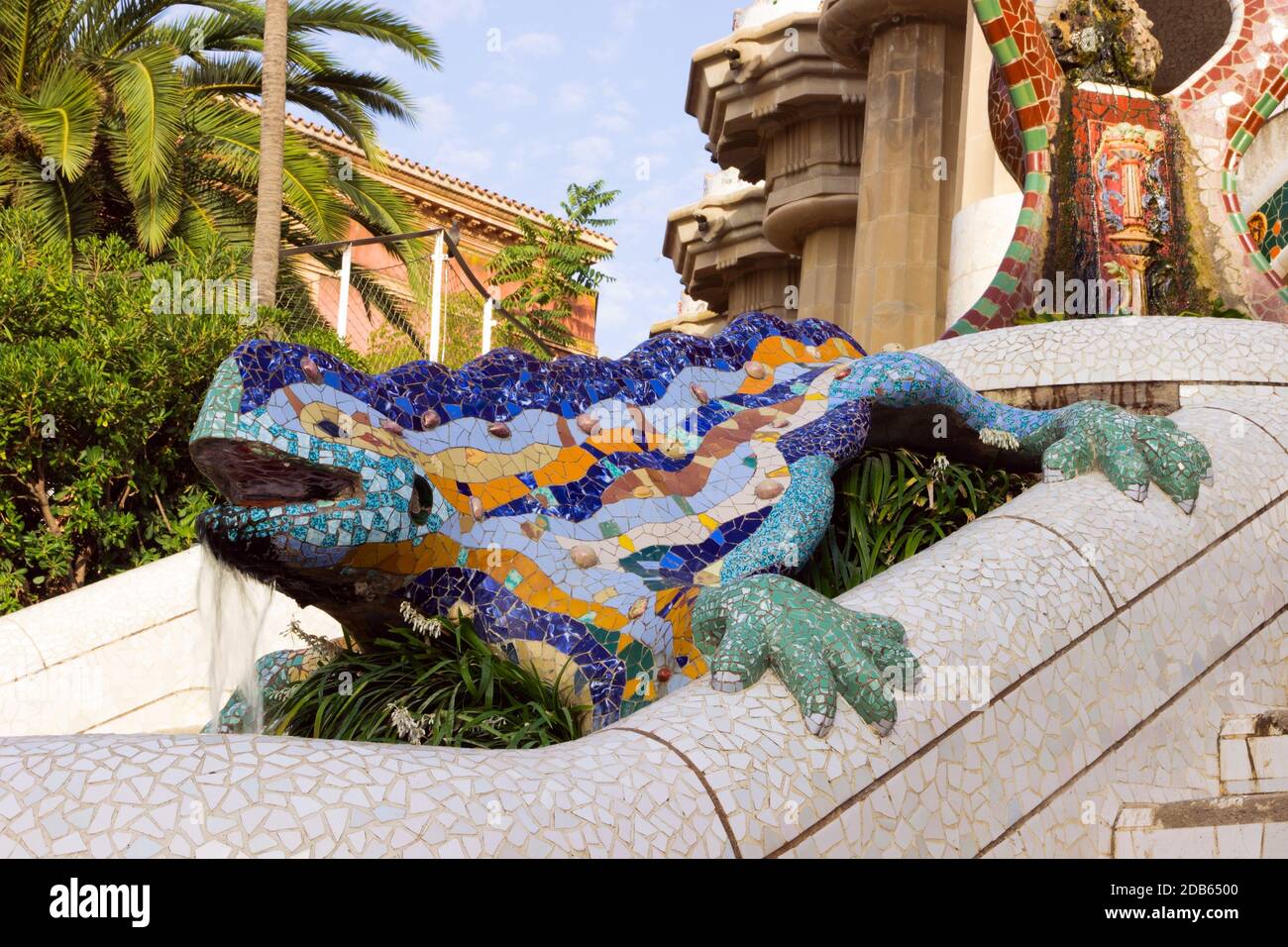 Sculpture of a Dragon salamandra of Antoni Gaudi mosaic in park guell ...