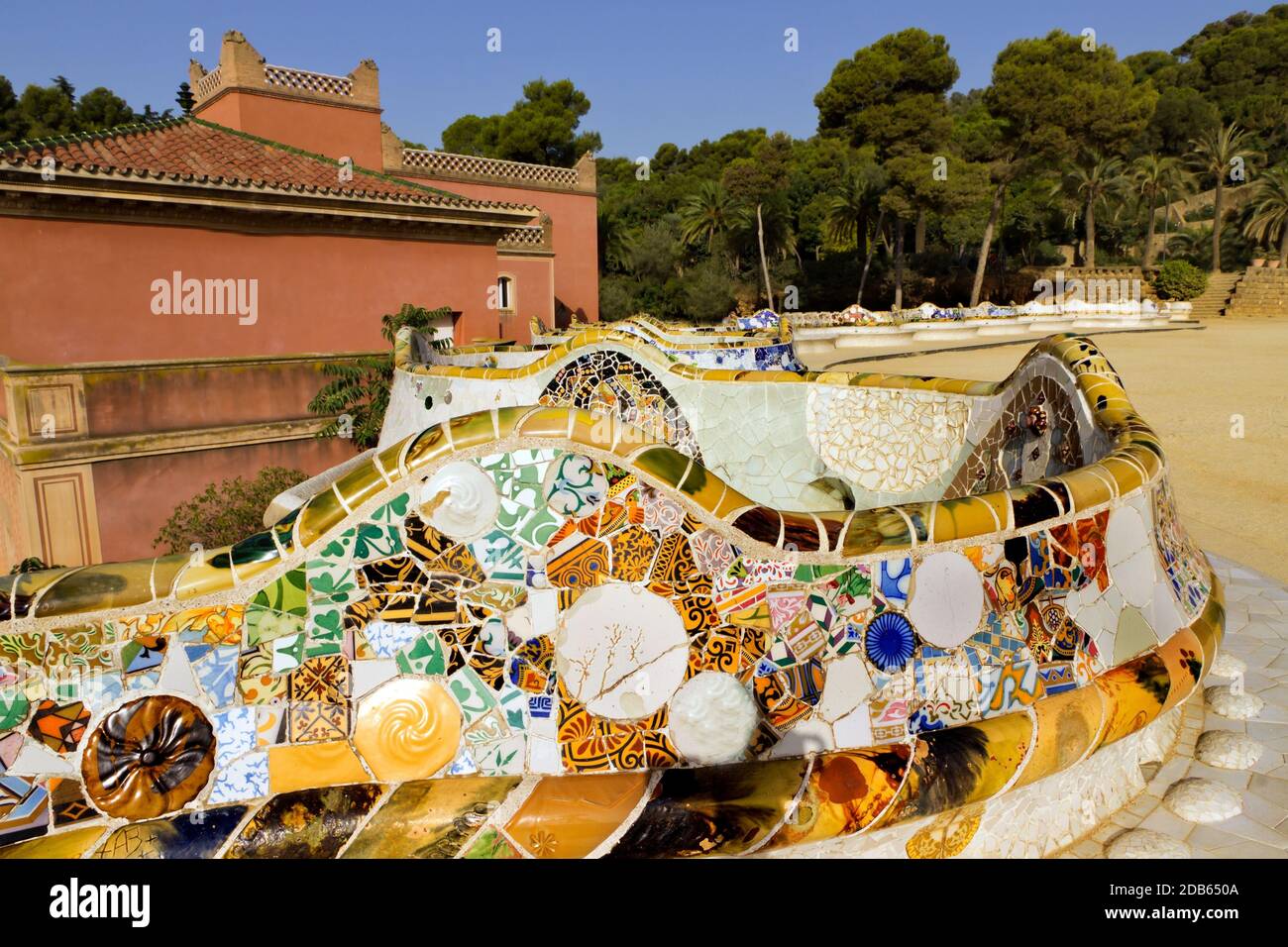 colorful ceramic bench at Parc Guell designed by Antoni Gaudi ...