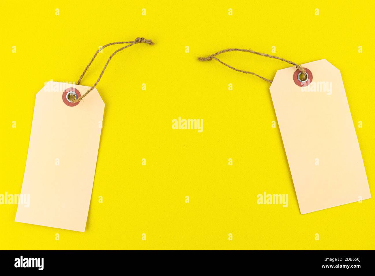Two blank brown gift tags with a string lying on a yellow background ...
