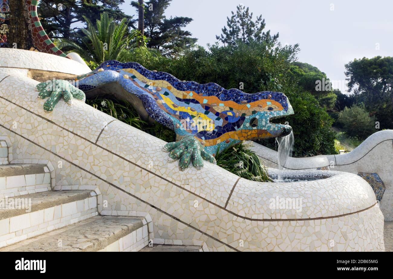 Mosaic lizard, salamander by Antoni Gaudi in the park Guell in ...