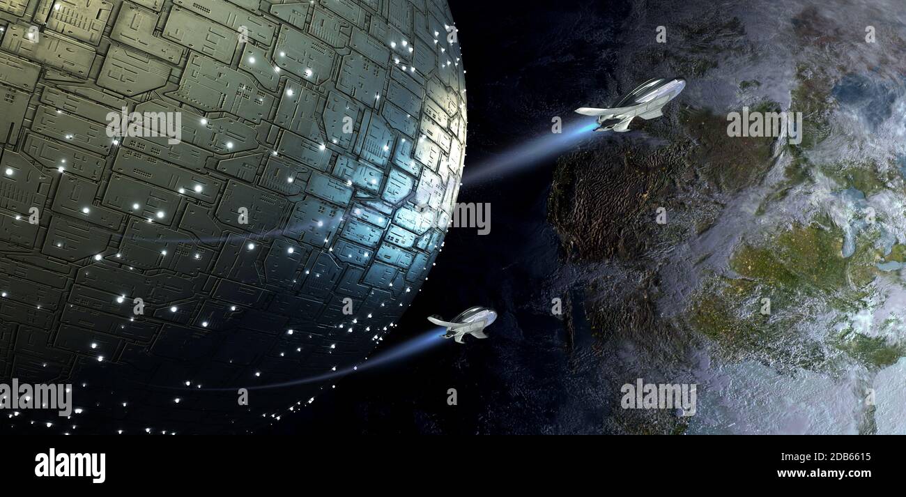 3D Spherical mother ship with drones approaching Earth for futuristic ...