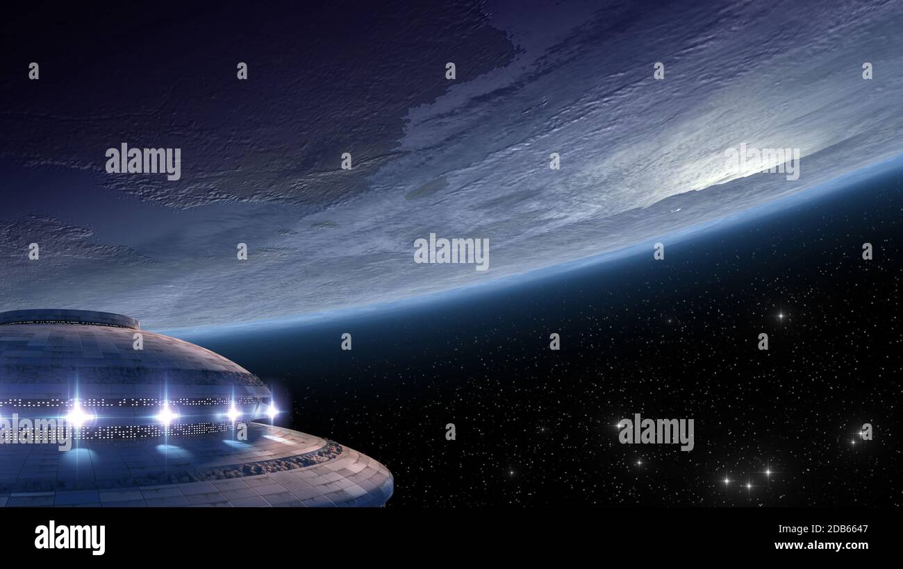 3D Illustration of a flying saucer near Earth, for science fiction ...