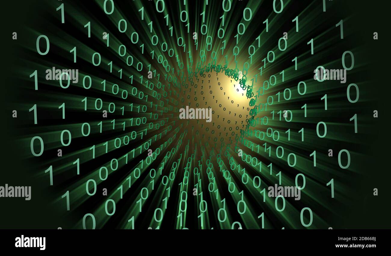 3D Illustration abstract of a binary data wormhole tunnel with zeros and ones emanating from a ...