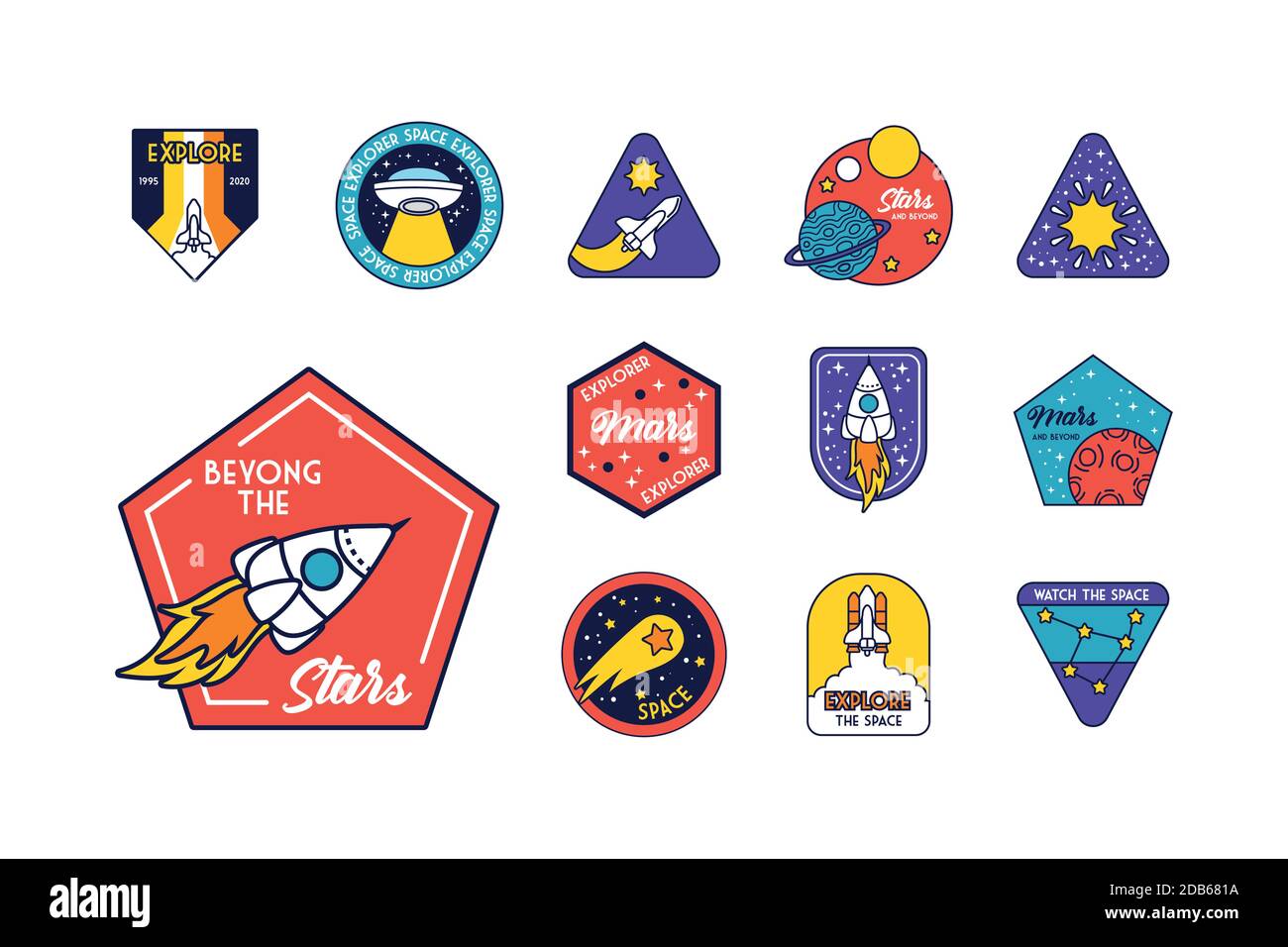 bundle of twelve space badges in blue background line and fill style ...