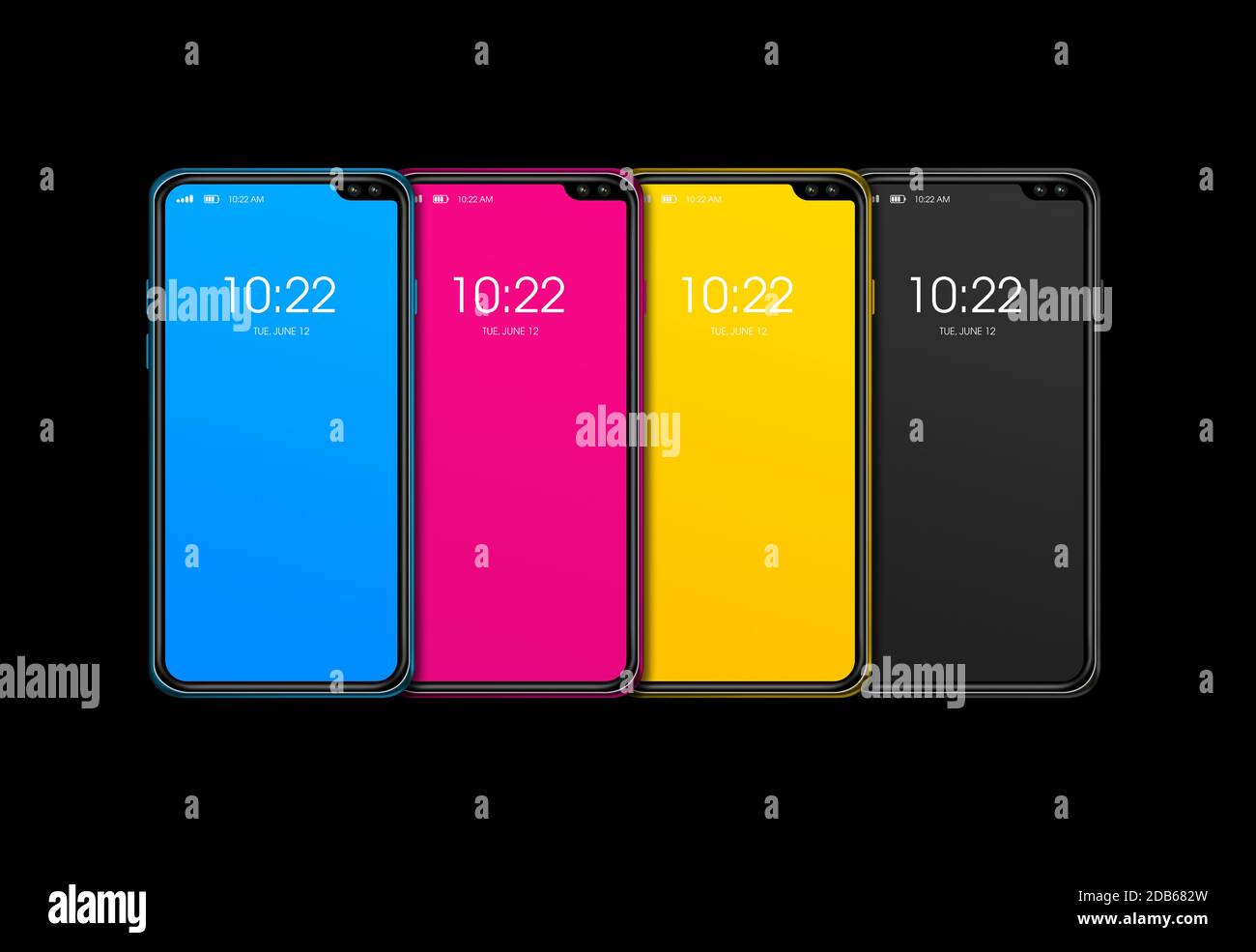 CMYK smartphone colorful set isolated on black Background. 3D render ...