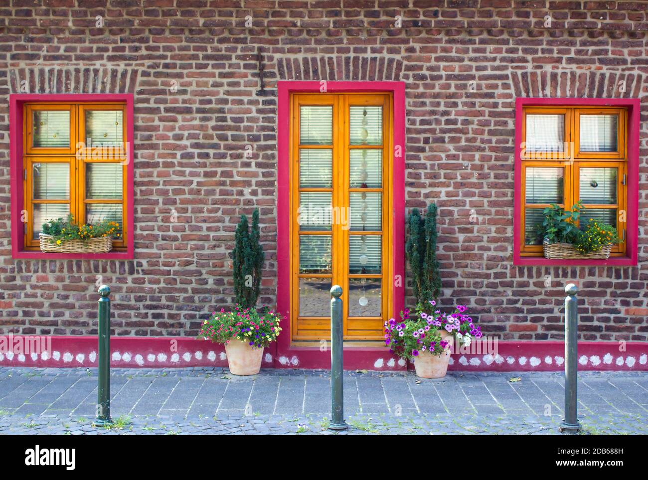 Old German house with wooden door and windows, Wachtendonk, North-Rhine ...