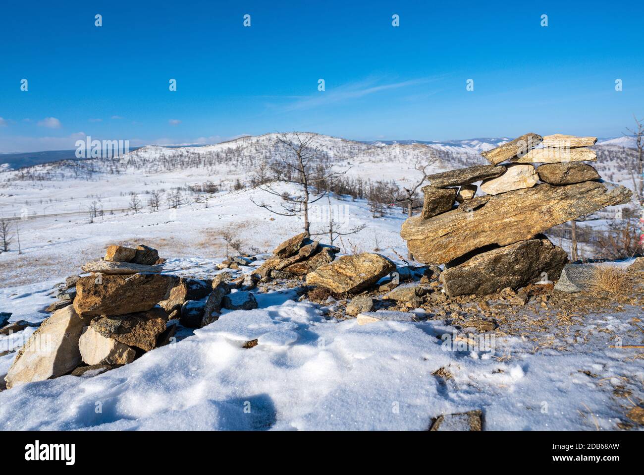 Strange shaped rocks arranged in vertical rows. The morning atmosphere ...