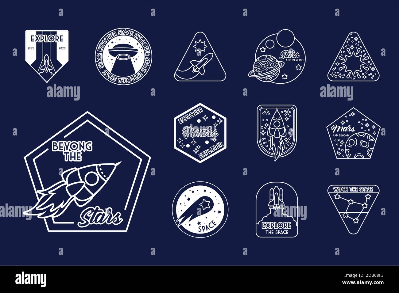 bundle of twelve space badges in blue background line style icons ...