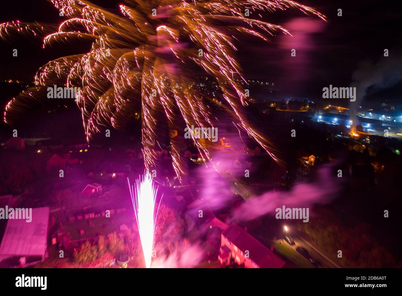 Aerial view of fireworks over south wales houses on bonfire night ...