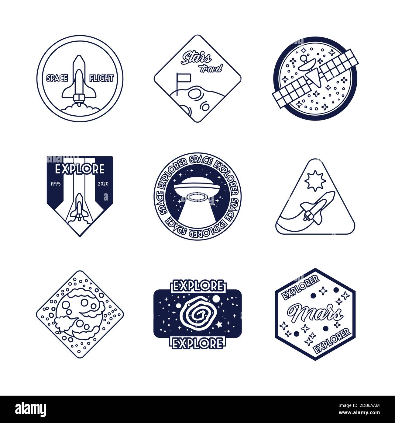 bundle of nine space badges line style icons vector illustration design ...