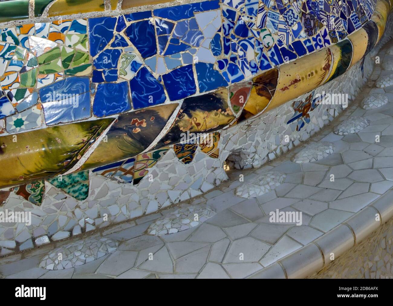 mosaic of colored ceramic tile by Antoni Gaudi at his Parc Guell ...