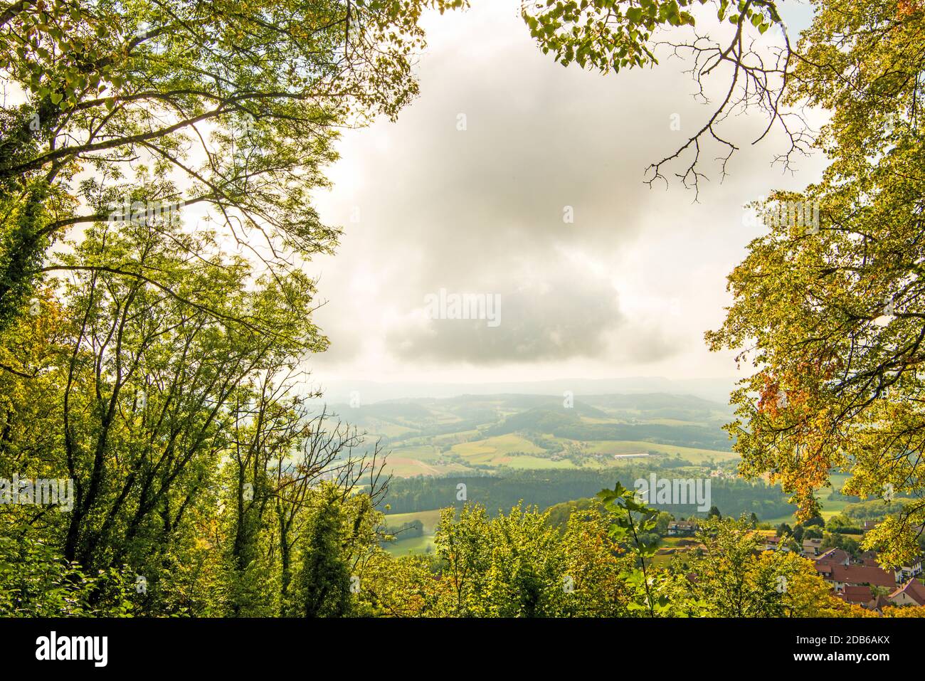 Looking through a foliage roof on a landscape with dark clouds Stock ...