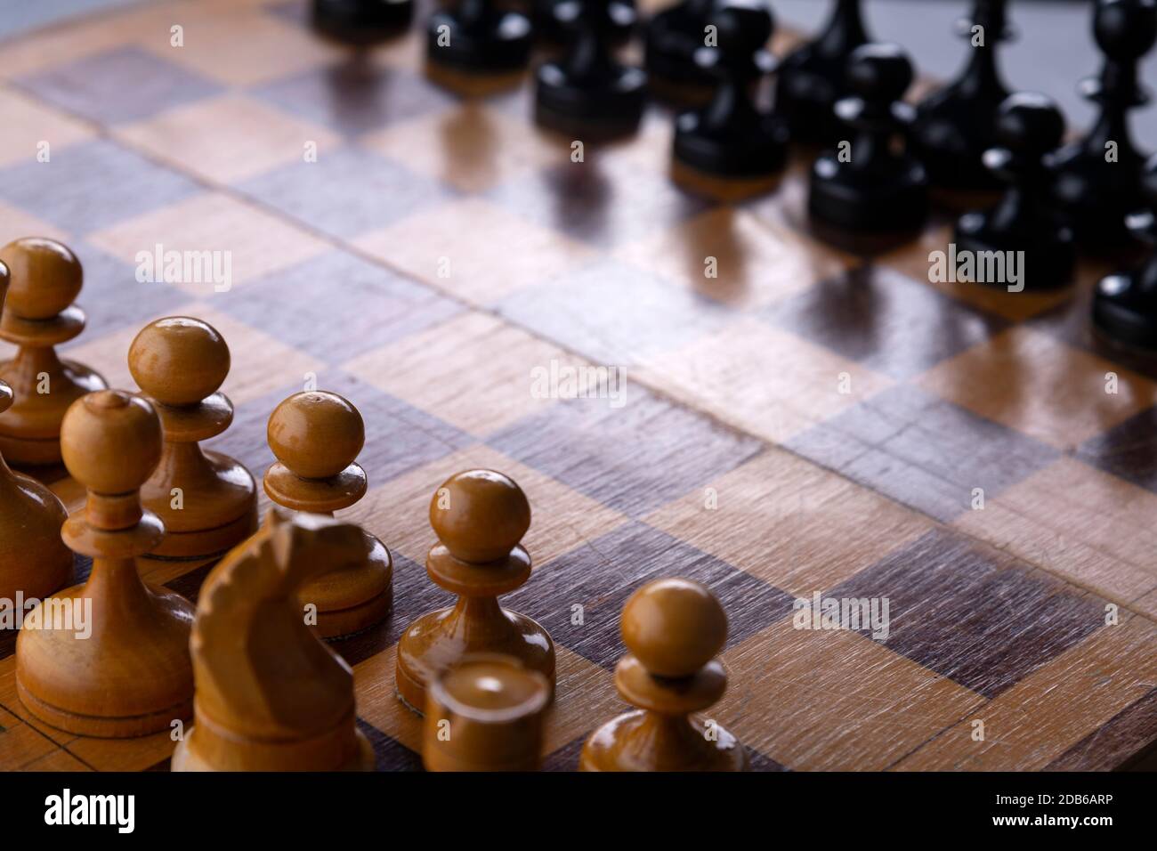 Chess board with black and white chess facing each other. Horizontal ...