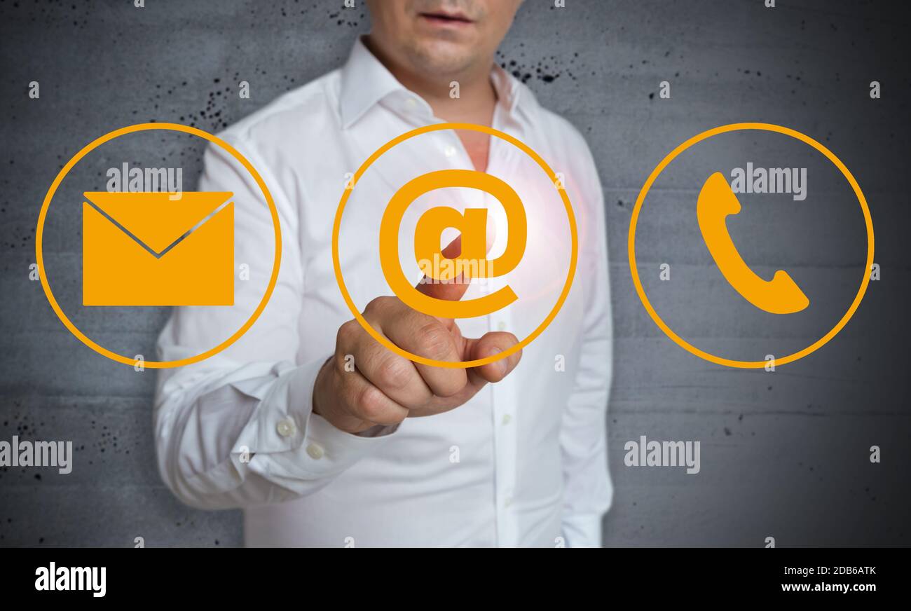 Contact options Touchscreen is operated by man Stock Photo - Alamy