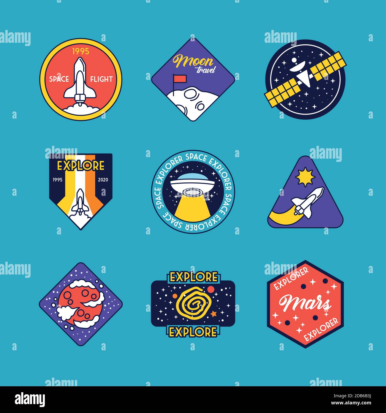 bundle of nine space badges line and fill style icons vector ...