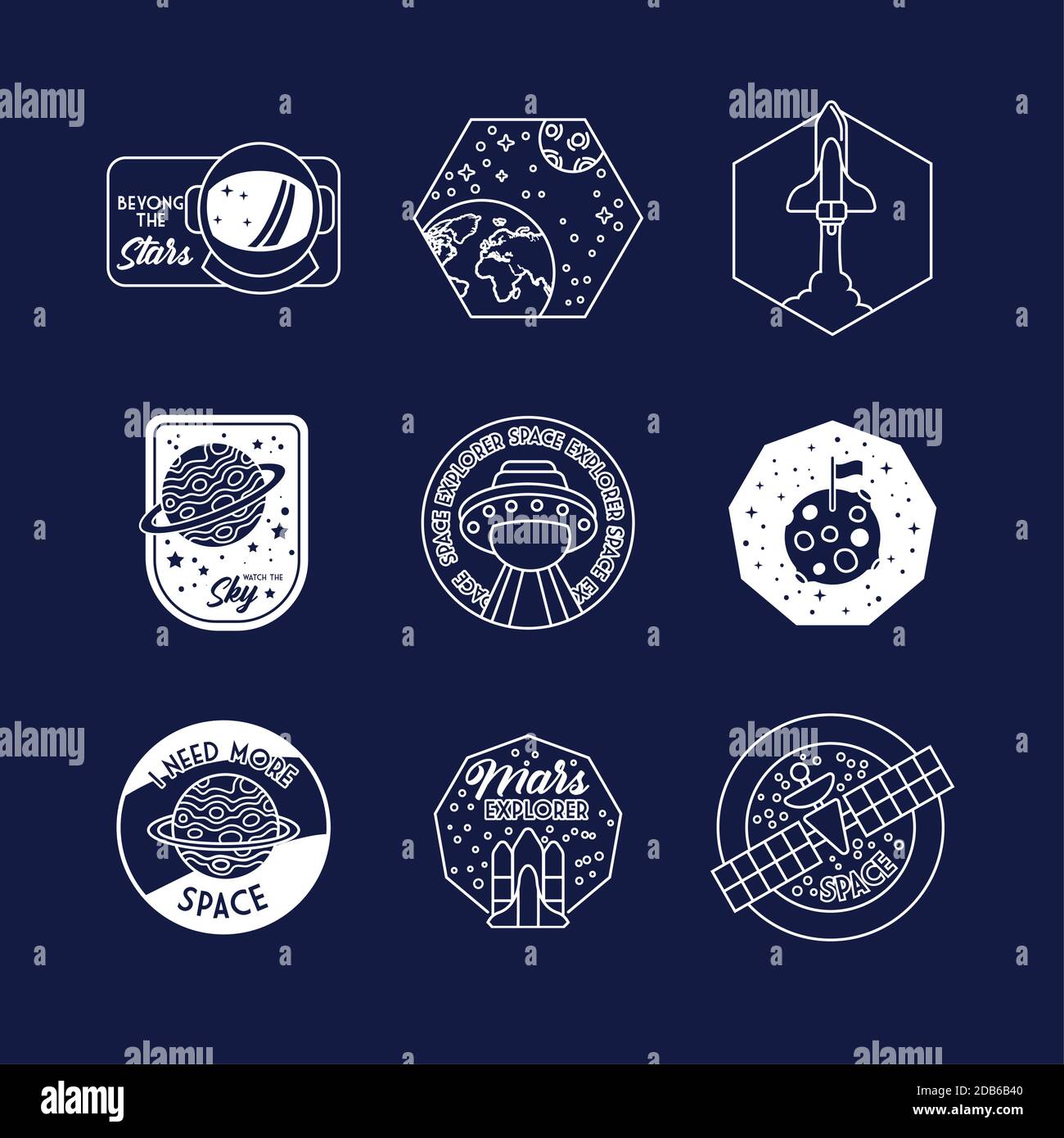 bundle of nine space badges in blue background line style icons vector ...