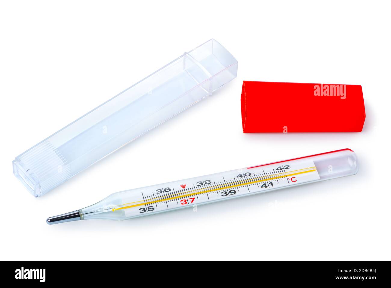 Medical thermometer and container isolated on a white background Stock ...