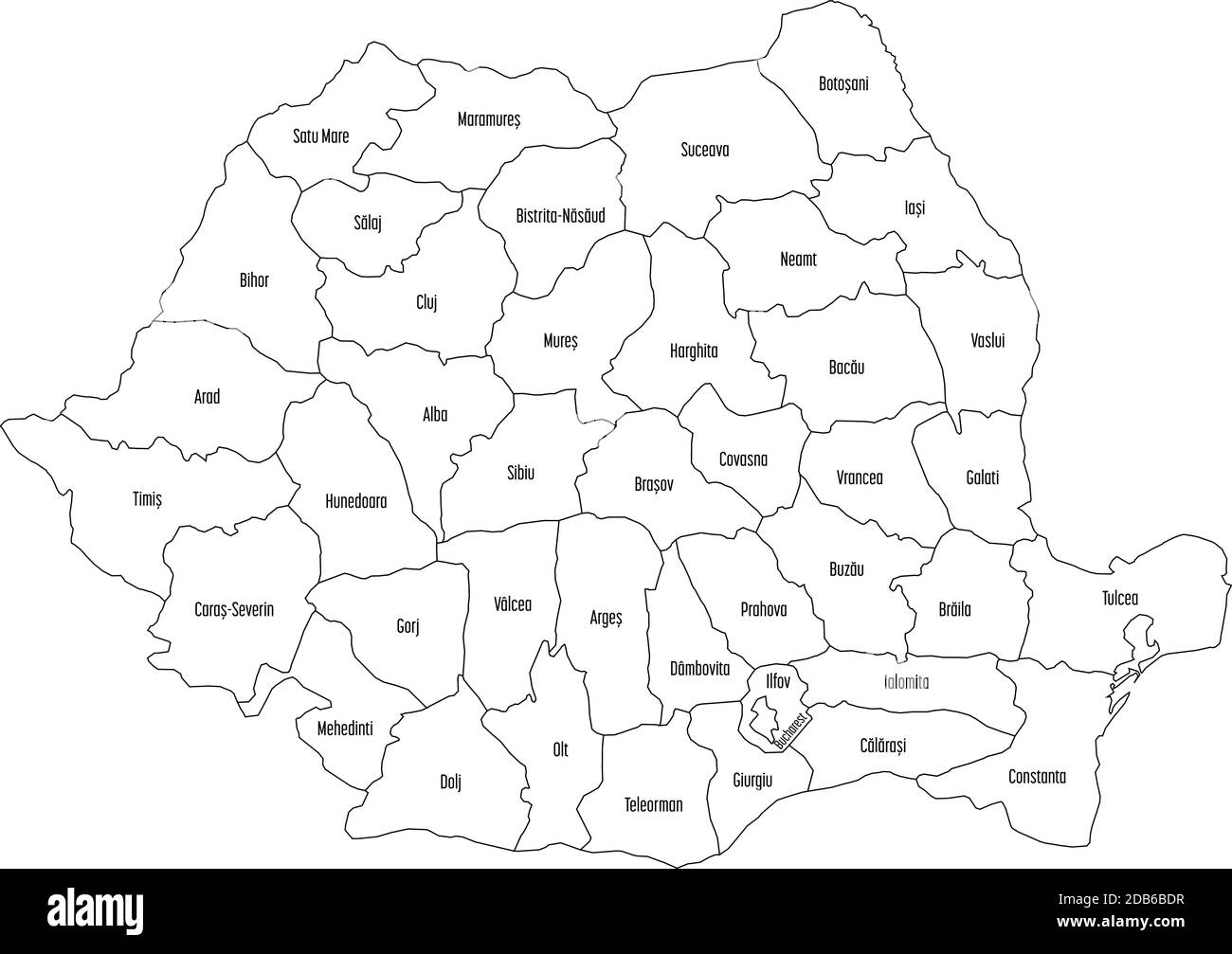 Administrative counties of Romania. Vector map of thin black outline on ...
