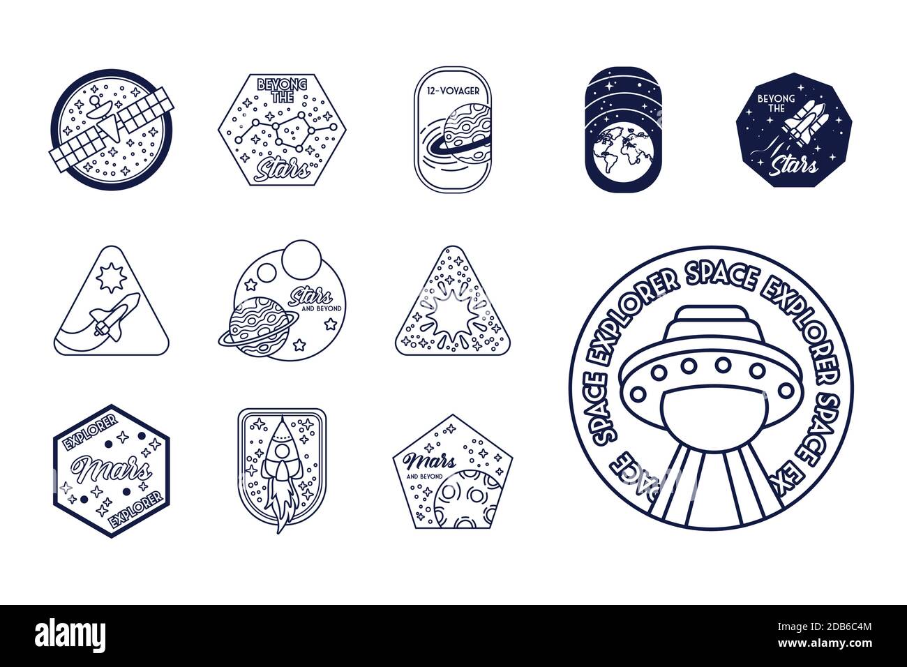 bundle of twelve space badges line style icons vector illustration ...
