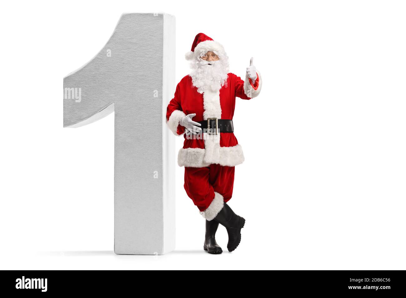 Full length portrait of santa claus leaning on number one and showing ...