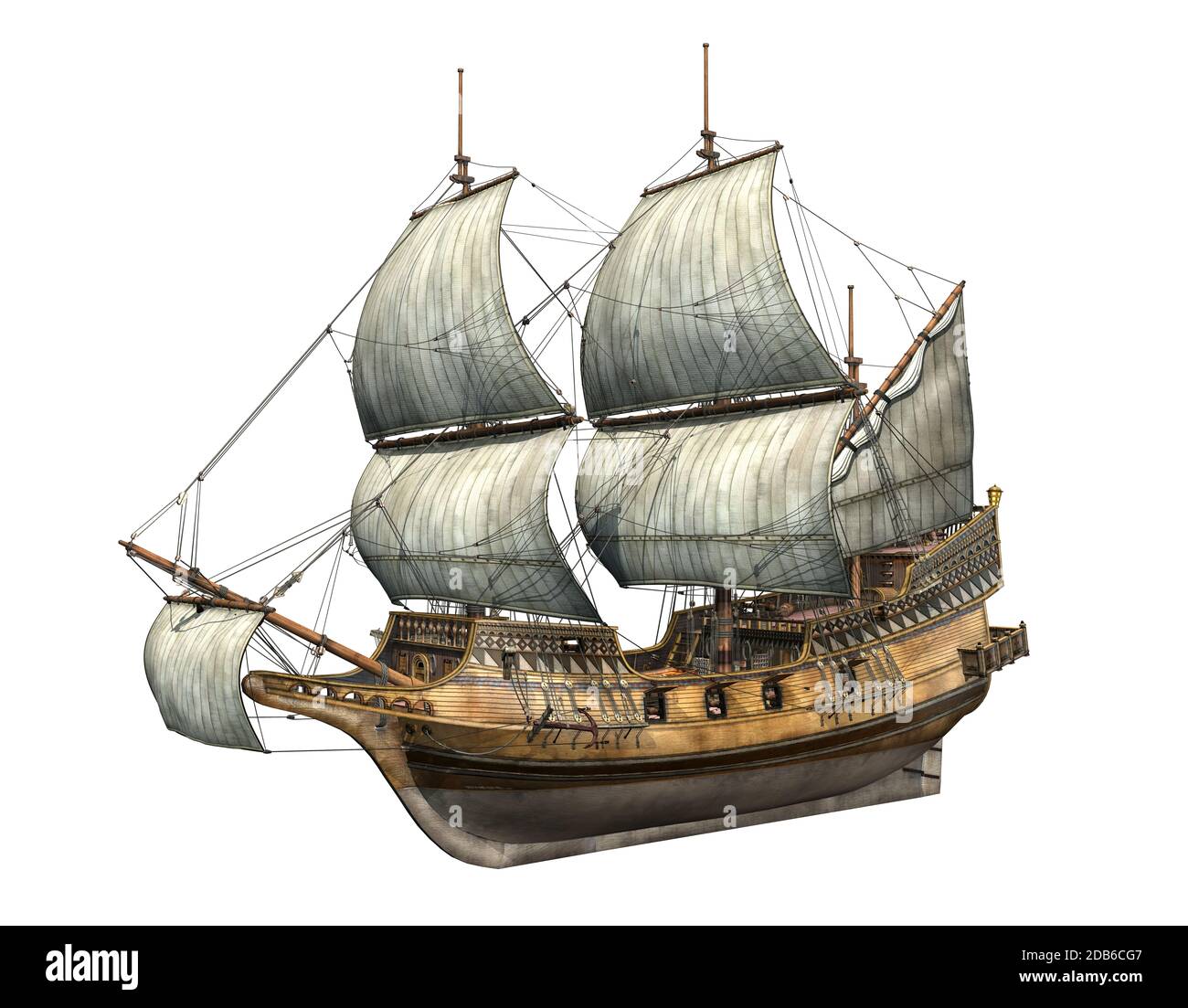 Golden Hind galleon. 3d illustration. Side perspective view on white ...