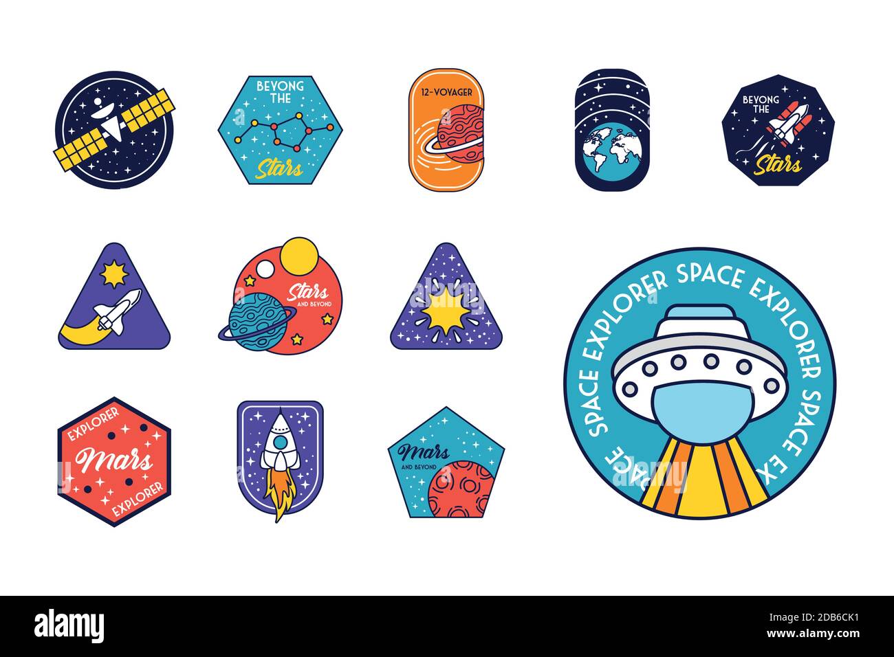 bundle of twelve space badges line and fill style icons vector ...