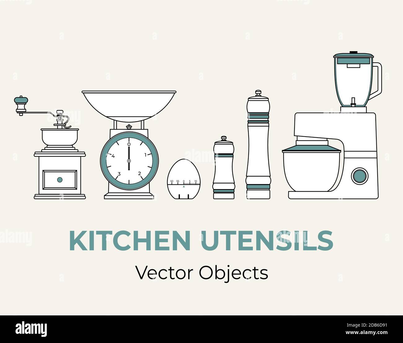 Kitchen utensils vector isolated set. Coffee grinder kitchen scales ...