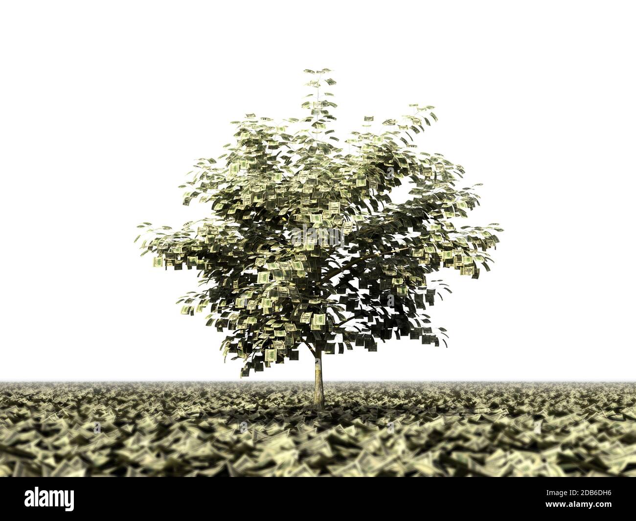 3D Money tree made up of hundred dollar bills on a field of money, with ...