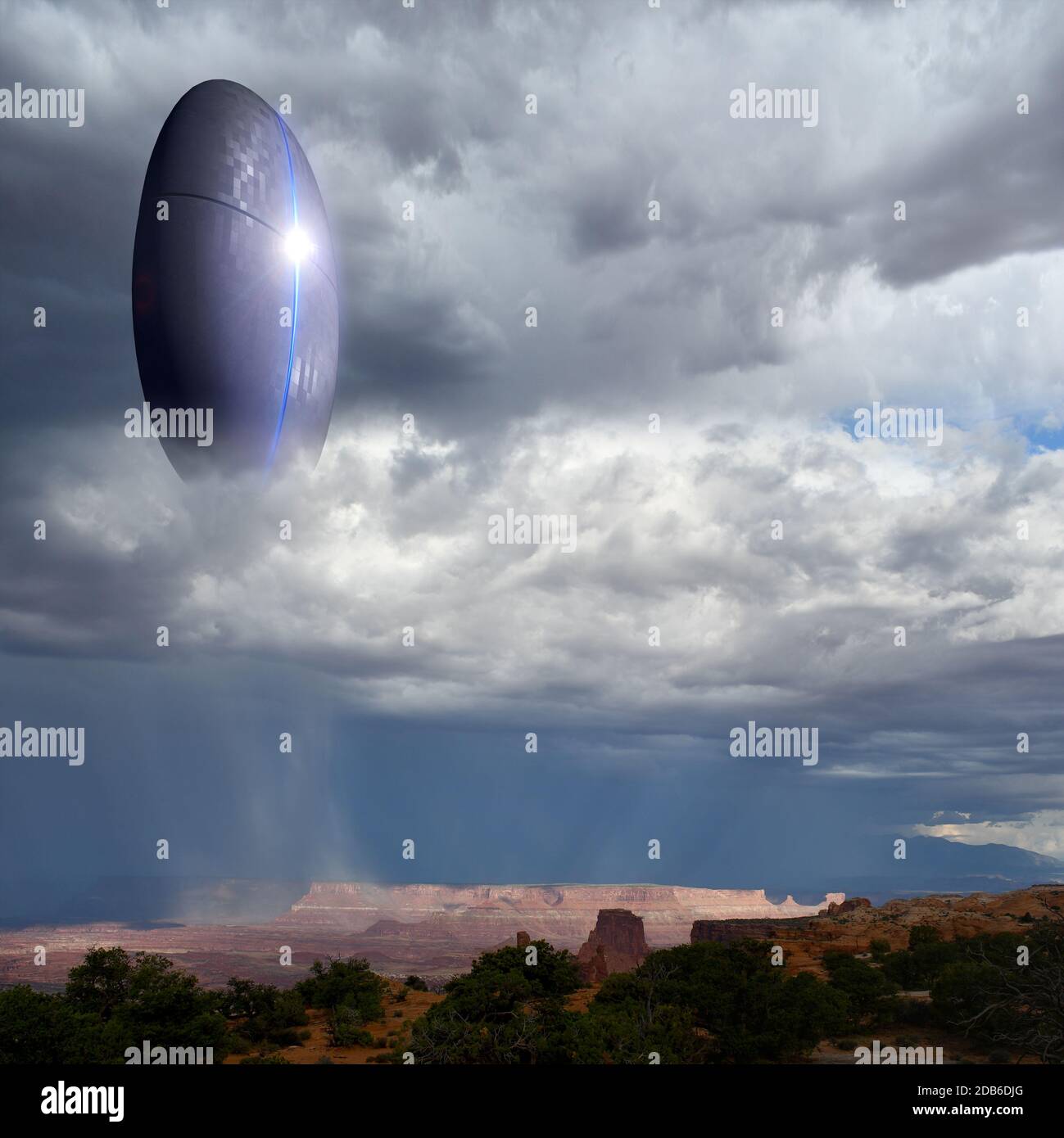 3D Illustration of an alien spacecraft in the clouds above the Grand ...