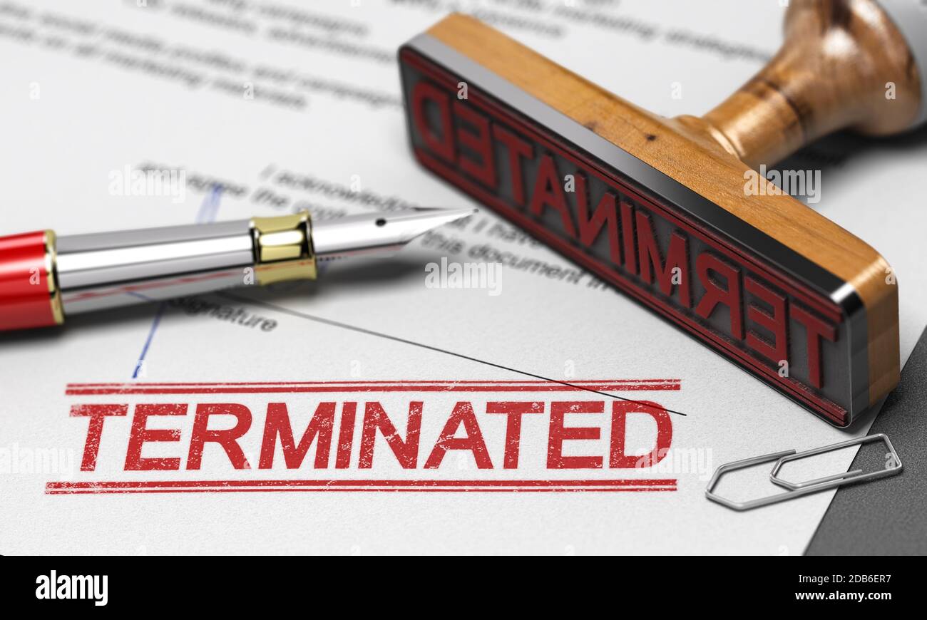 3D illustration of a contract termination agreement letter with a ...