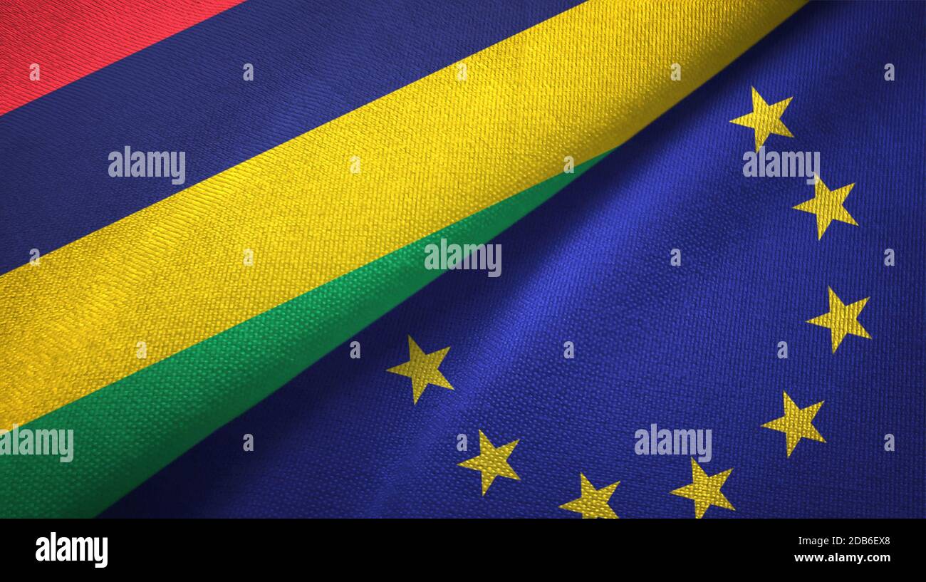 Mauritius and European Union two flags textile cloth, fabric texture ...