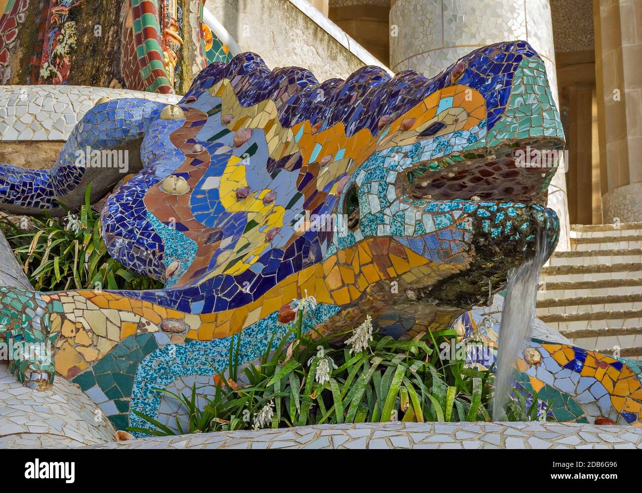 Broken color mosaic tile, decoration in Park Guell, Barcelona, Spain ...